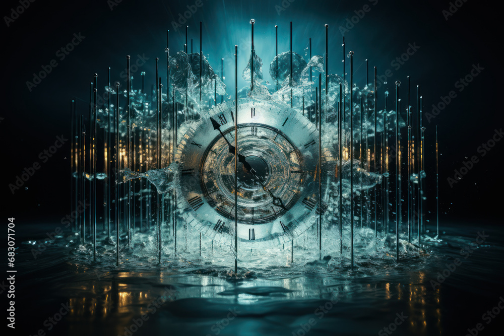 A clock face portrayed as a cascading waterfall with each drop ...