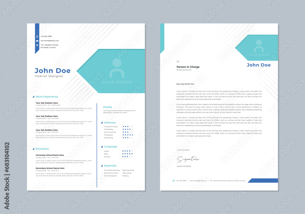 Modern Cv templates for interior design. Professional resume, cover ...