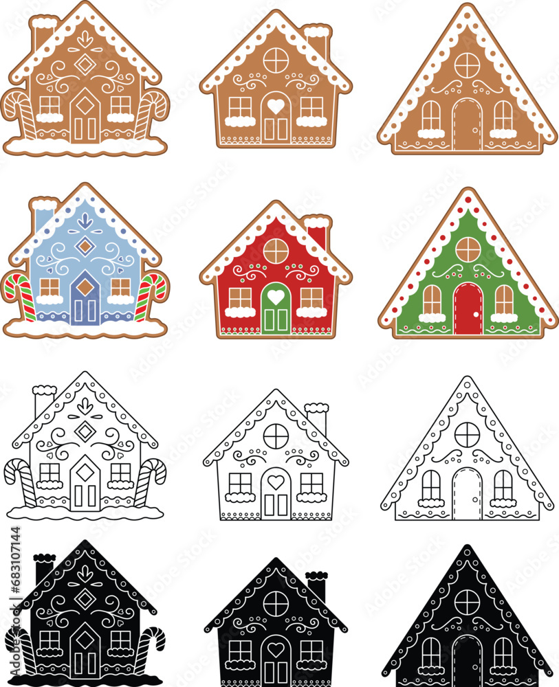 Decorated Gingerbread House Clipart - Outline, Silhouette & Color Stock ...