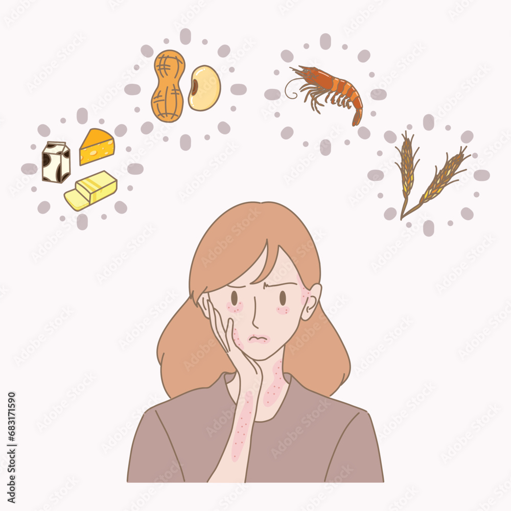 Woman with food allergies cause by dairy products peanut, seafood ...