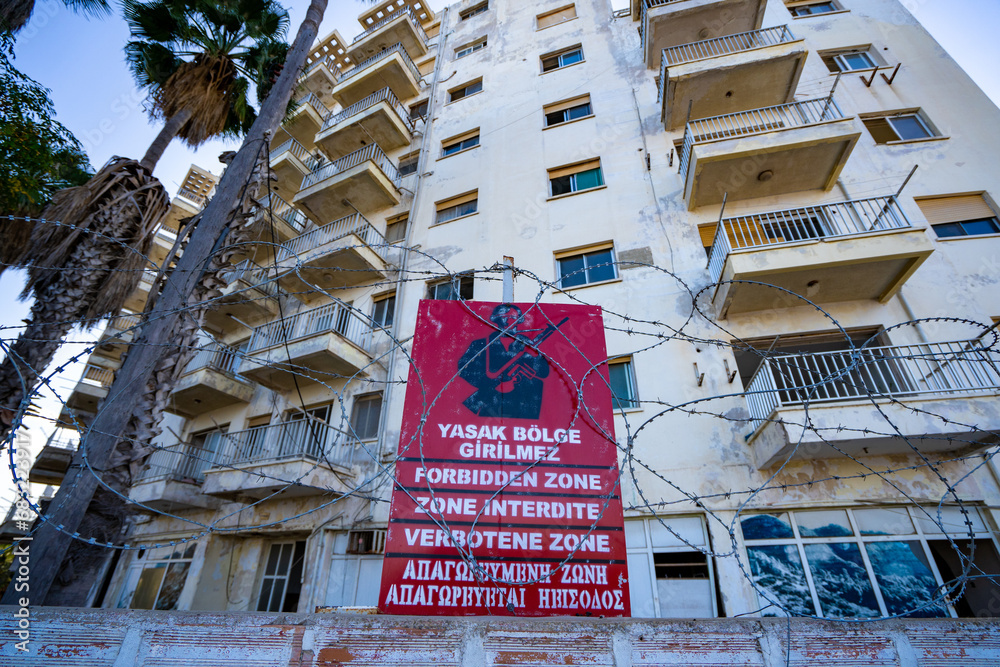 Military forbidden zone no entry sign in the ghost town Varosha (Kapali ...