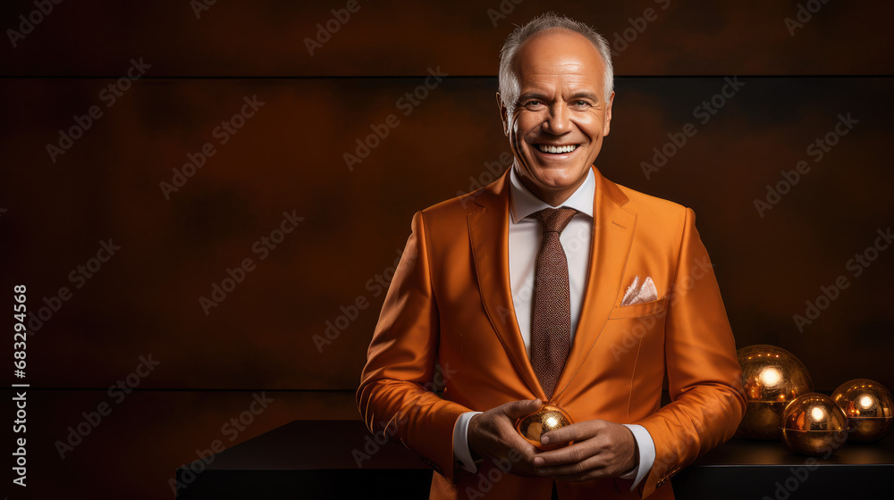 Content 60 years old male banker, relaxed smile, wearing a Bright solid ...