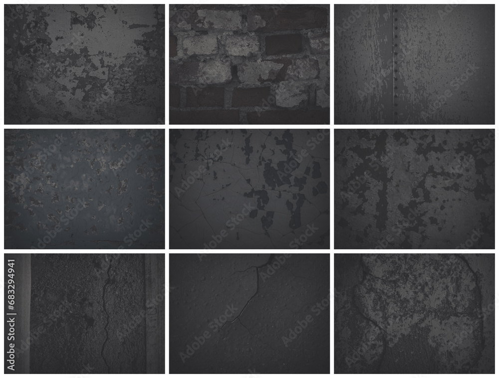 Set of dark background textures. Collection of textures with peeling ...