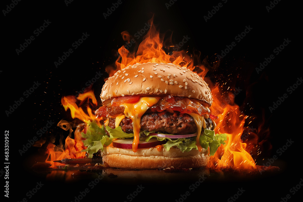 Fire embers particles over black background. Tasty burger on grill ...