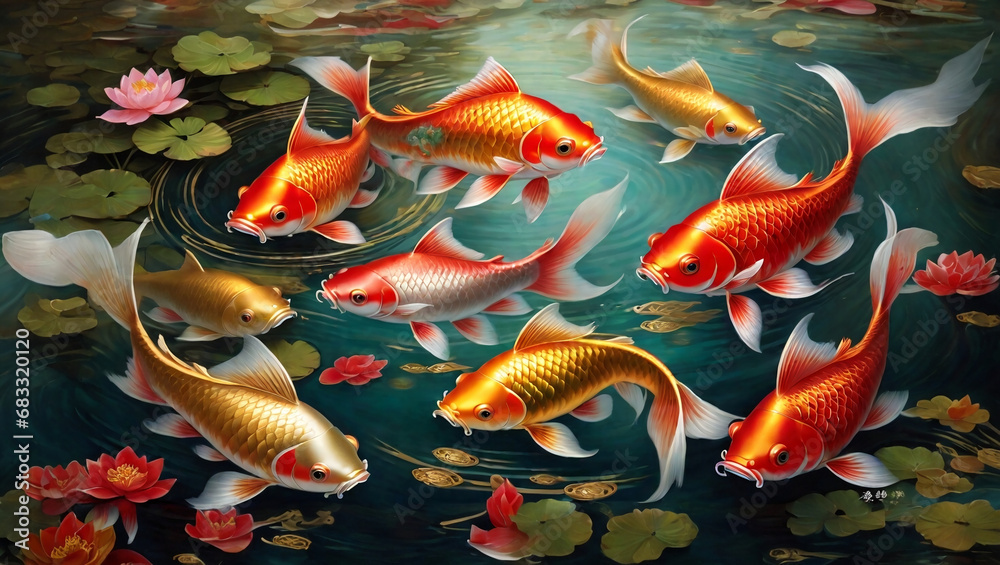 ภาพถ่าย Stock Feng Shui Art "Wealth and blessing 9 lucky koi fish ...