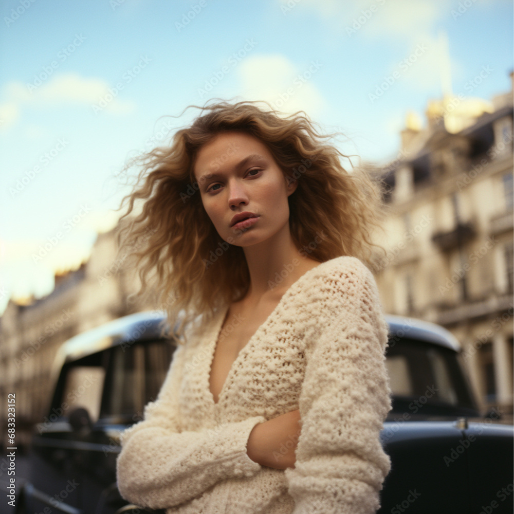 Gorgeous fashion model, depicted on Fashion Week, full view of room ...