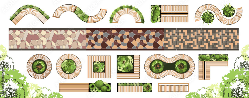 Benches and tiles for architectural floor plans. Entourage design. Top ...
