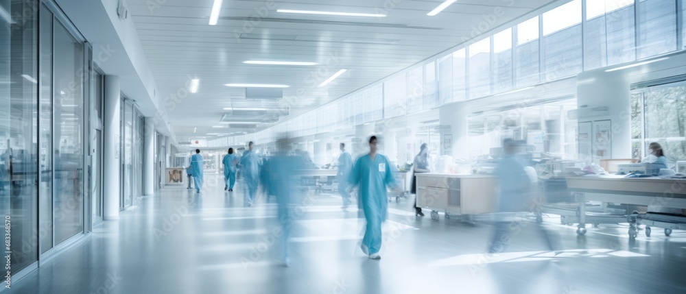 A motion blurred photograph of a hospital interior, doctor and staff ...