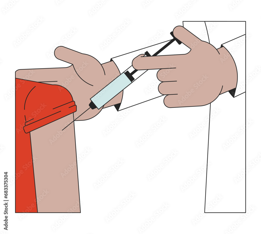 Get your flu shot 2D linear cartoon hands close-up. Patient vaccination ...