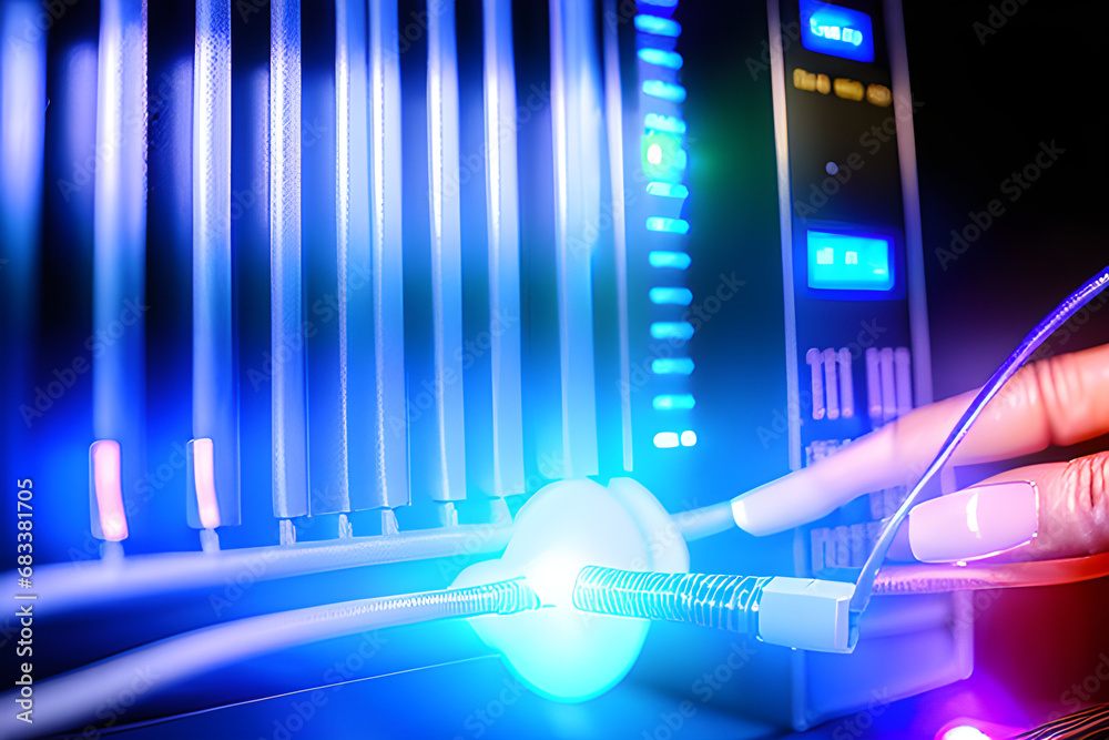 Digital technology, internet network and cyber security of data center. Data engineer using ...