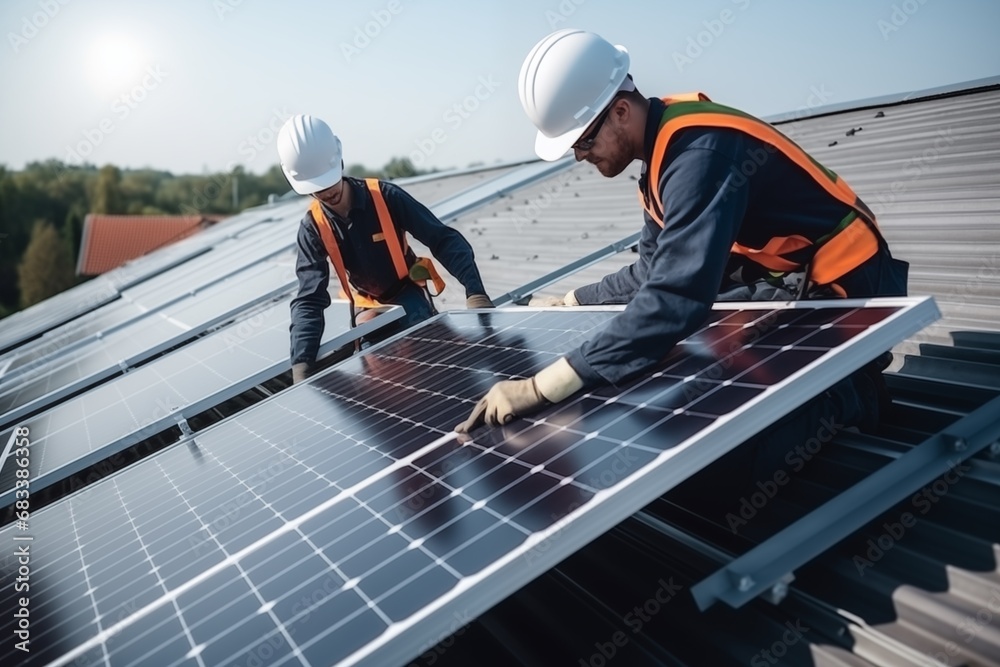 Handymen installing solar panels on the rooftop. Solar panel system ...