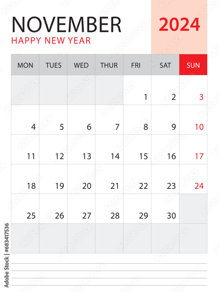 November 2024-Calendar 2024 template vector on red background, week ...