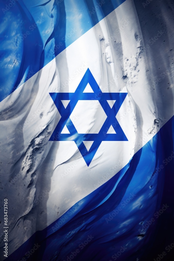 A flag with a blue and white color scheme and a prominent Star of David ...