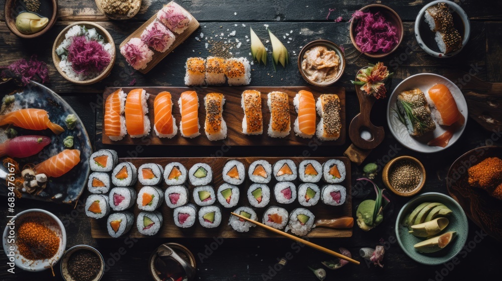 Table full of assortment different types of sushi rolls and seafood ...