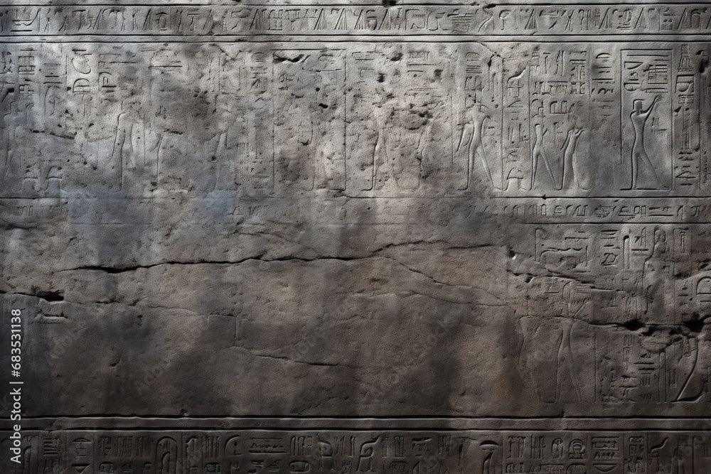 Damaged dark granite wall with Ancient Egyptian hieroglyphs ...