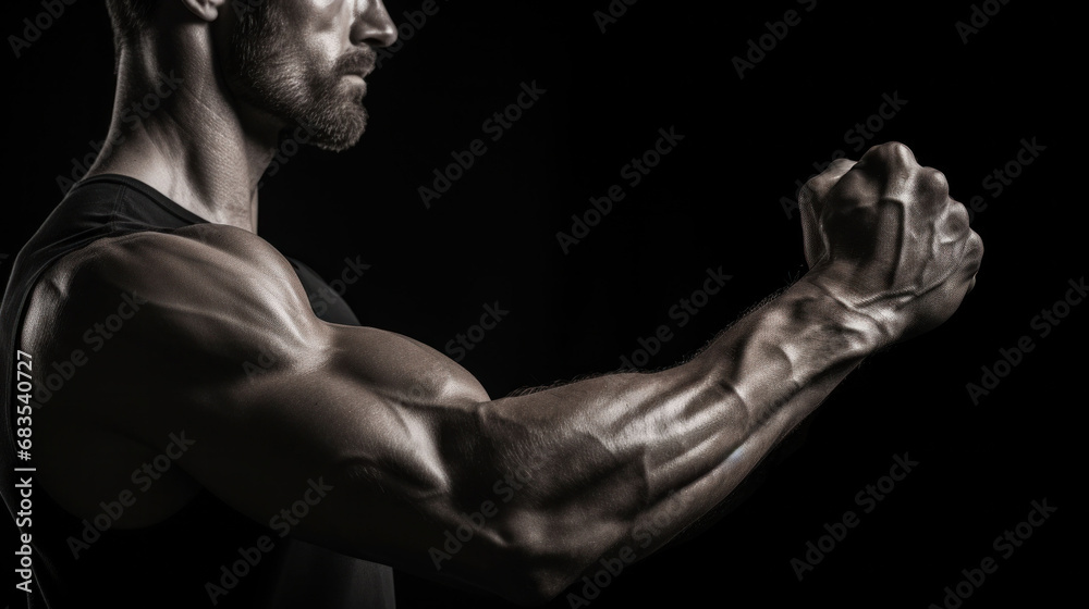 The strong arm of a focused athlete is tensed, with veins and muscles ...