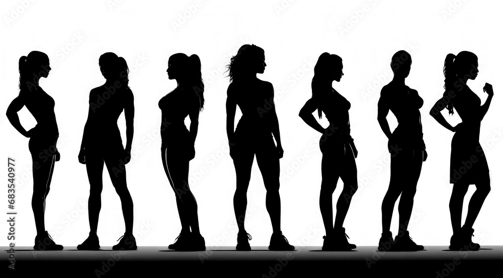 Silhouettes of diverse female figures standing in a line, representing ...