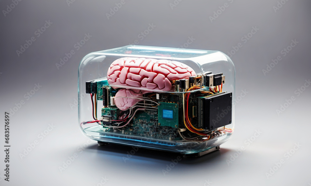 Hybrid AI processor connected to a human brain inside a clear glass jar ...