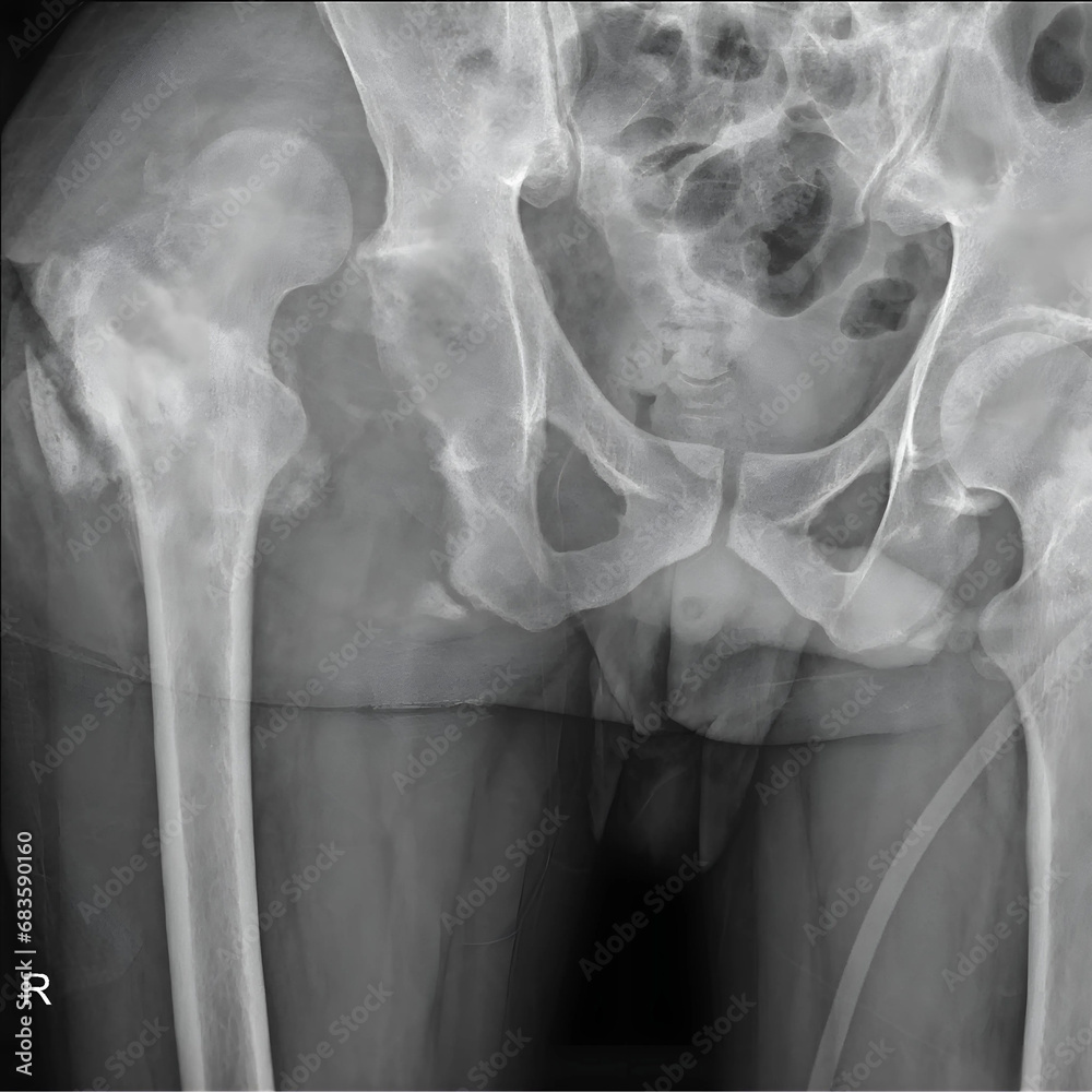 X-ray image revealing a hip joint dislocation, showcasing the ...