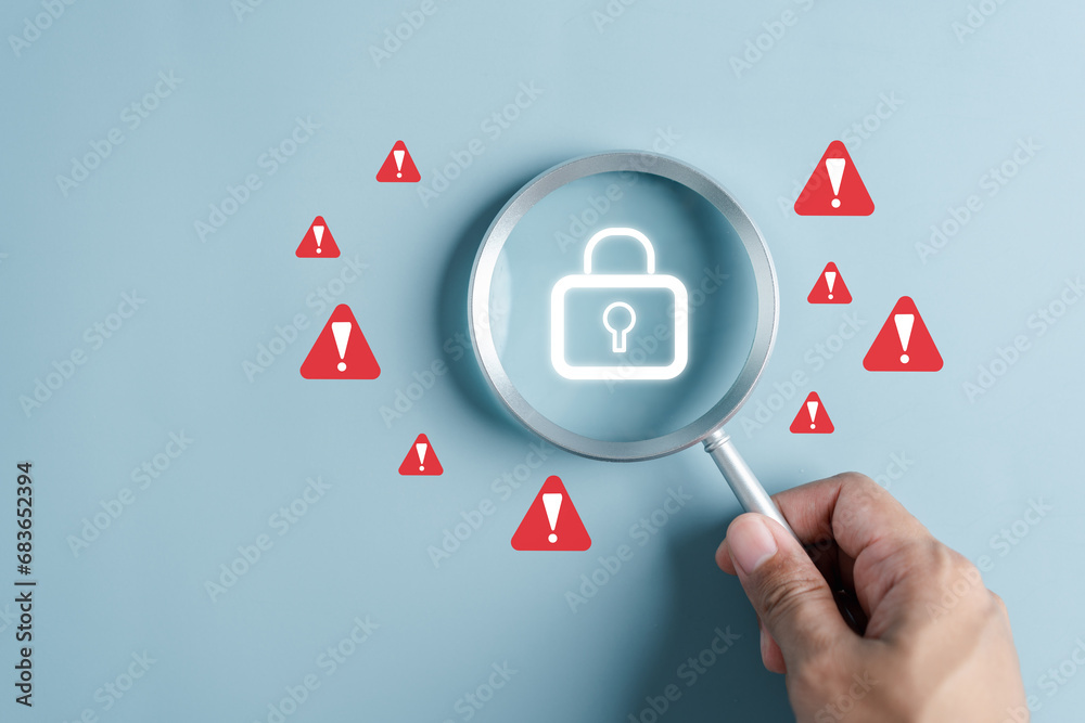 System warning caution sign, scam virus attack on firewall for ...