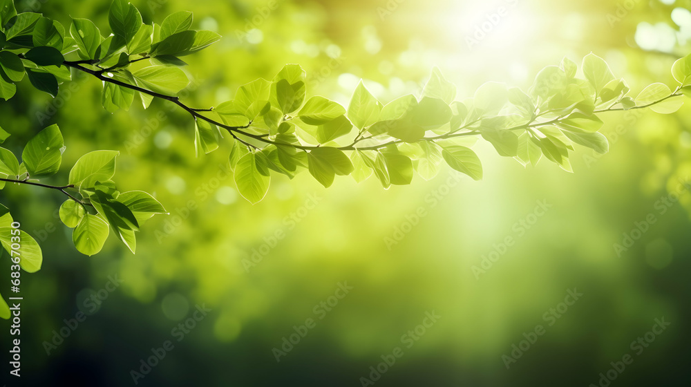 Spring background with green twigs, sunlight and sun rays, panorama ...