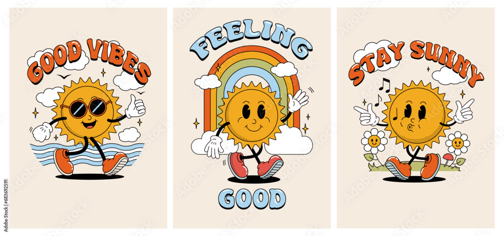 Retro groovy sun. Vintage smile, good vibes and stay sunny ...