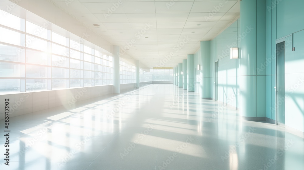 Well-lit corridor with white walls, featuring aquamarine medical-themed ...