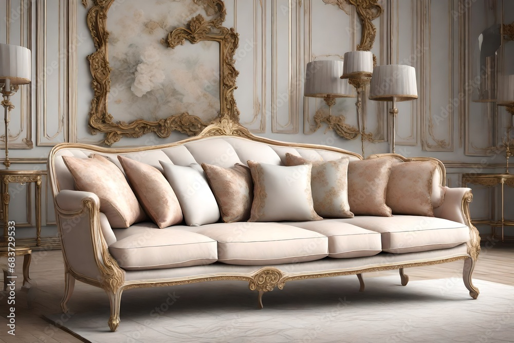 Render a luxurious French Provincial sofa scene with opulent details ...
