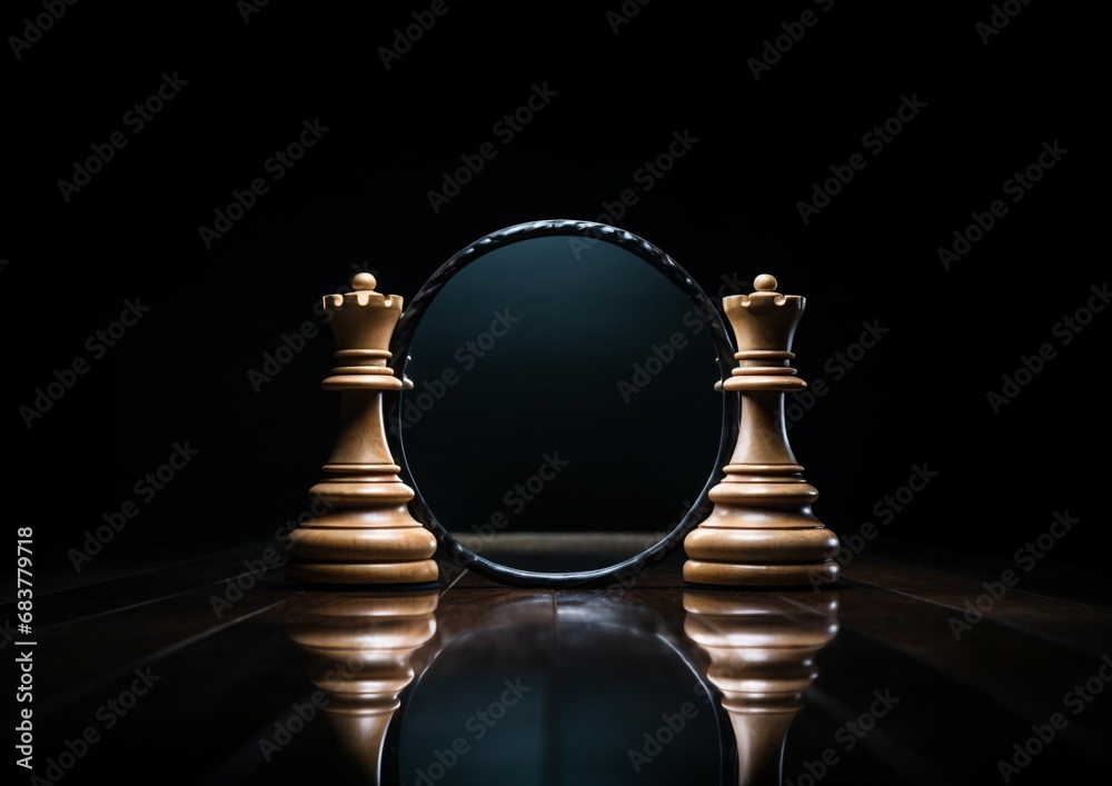 two chess pieces shown in circular mirror, black background, object ...