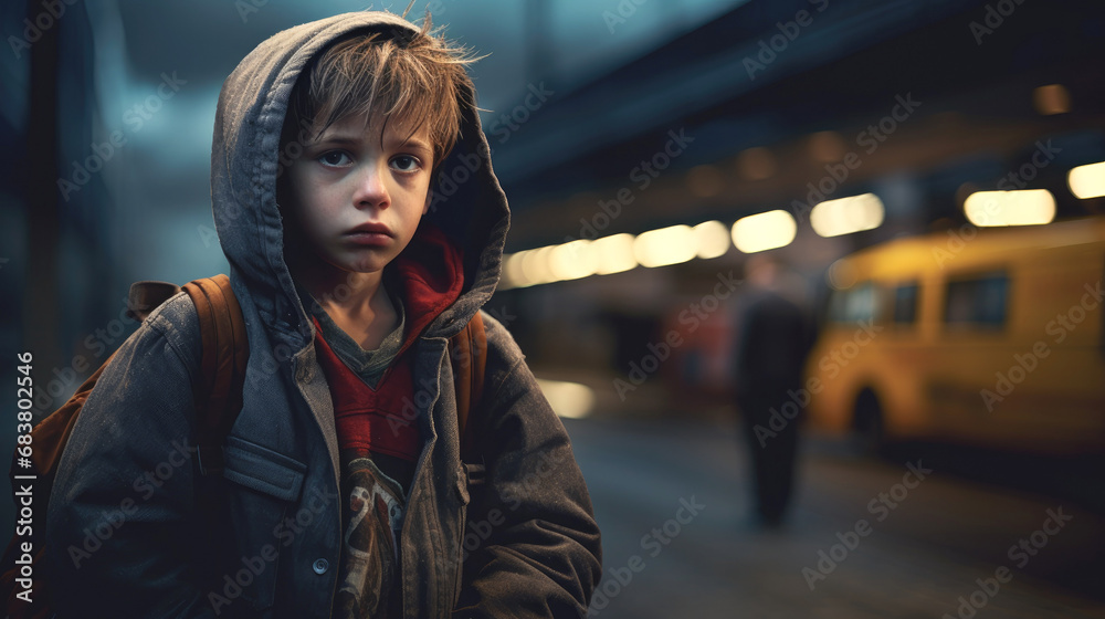 Sad lonely boy with a bag at the train station Stock Photo | Adobe Stock