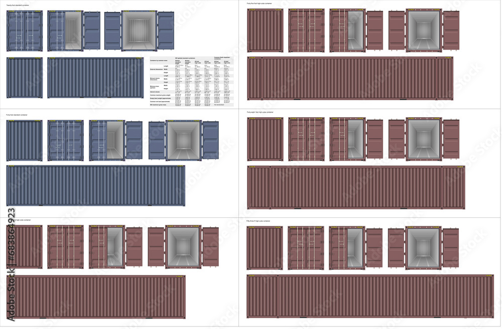 Six types of shipping container. ISO-containers, intermodal containers ...