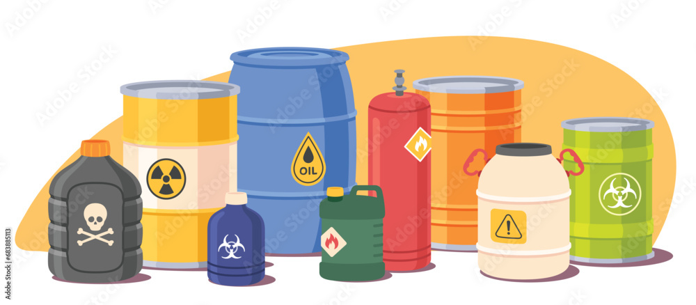 Hazard toxic chemical substances in containers. Different liquids, oil ...