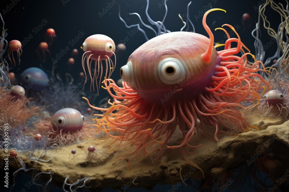 In the microscopic realm, a vibrant microbe dances, form intricate ...