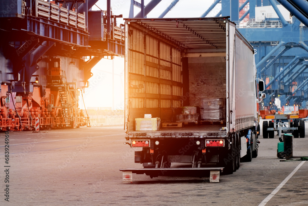 Cargo Truck In The Trade Port. Heavy Lift Commercial Vehicle ...