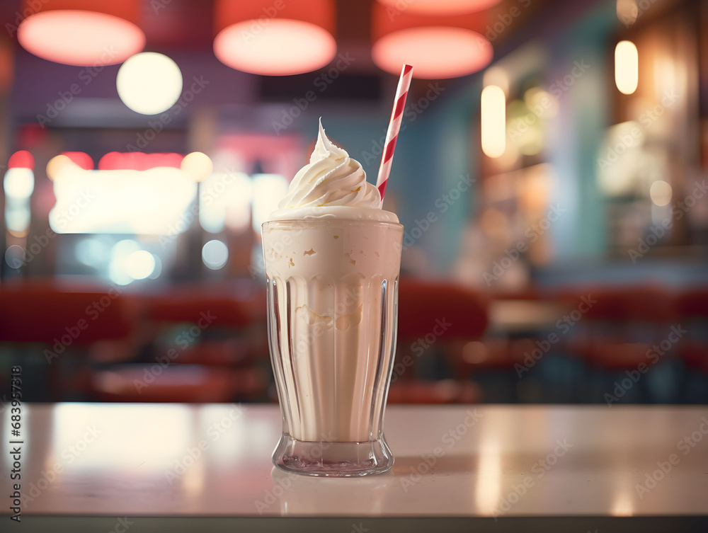 white milkshake white whipped cream on top, glass with straw, sweet ...