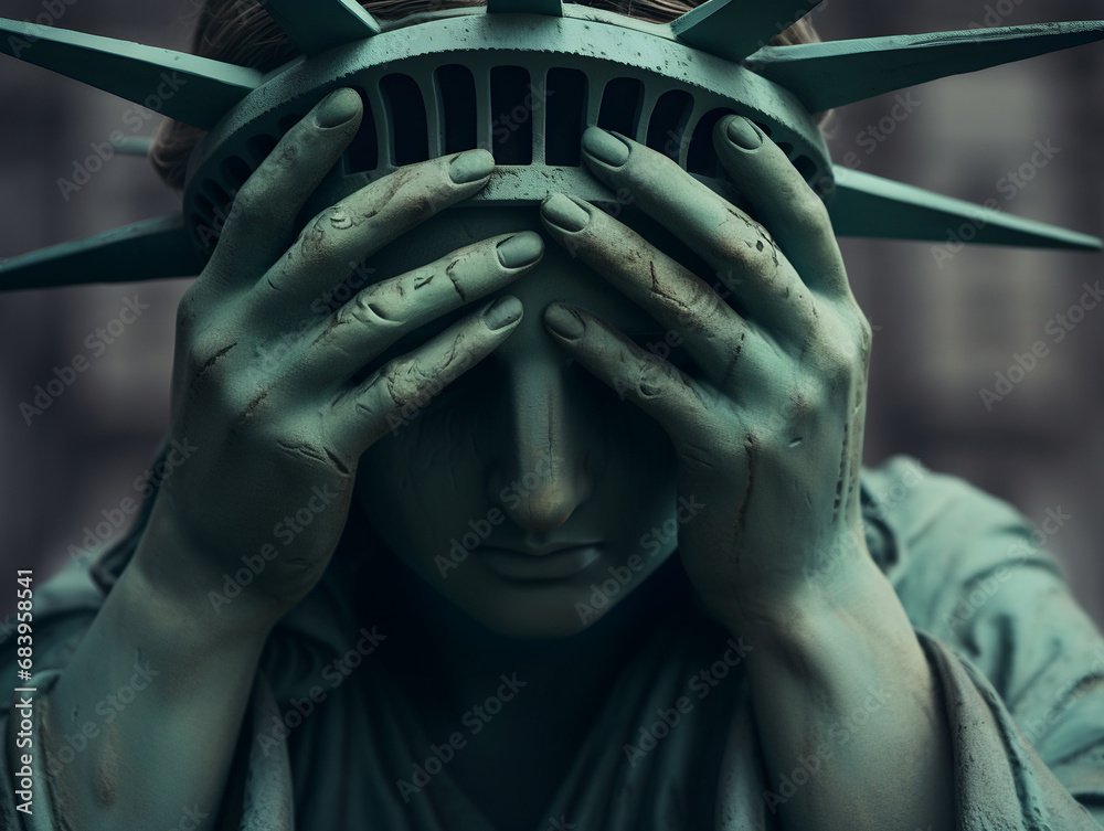 Statue of liberty crying hiding her face in shame, holding her head ...