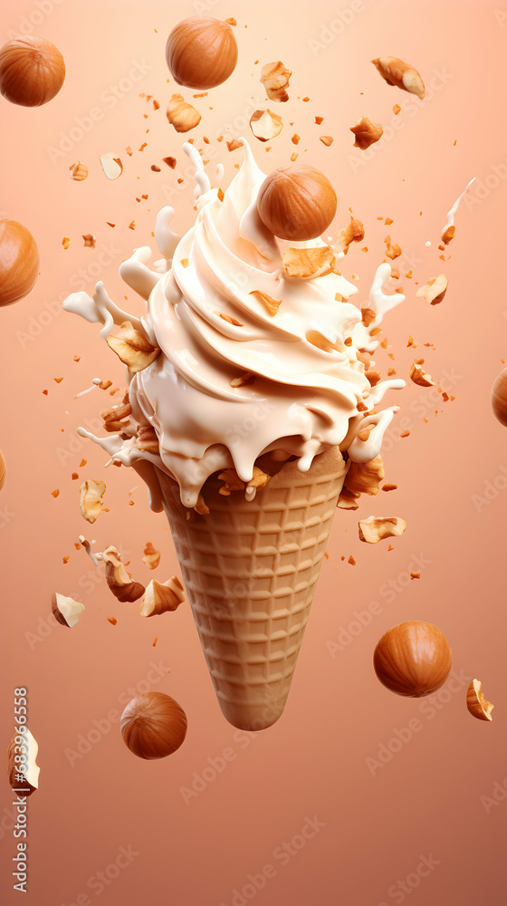 Hazelnut ice cream explosion, nutty ball splash with cone. Illustration ...