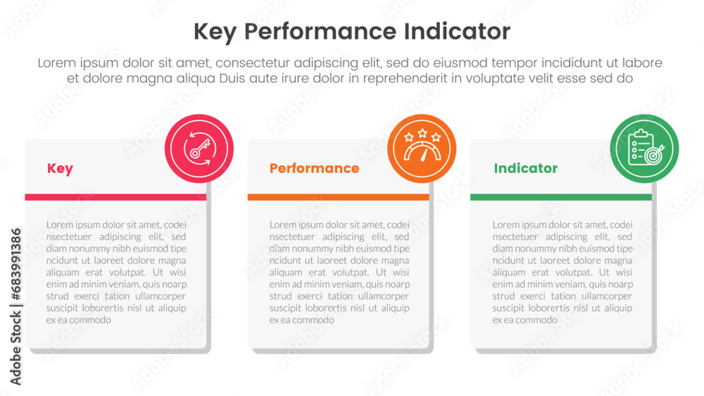Vector de Stock kpi key performance indicator infographic 3 point stage template with big round ...
