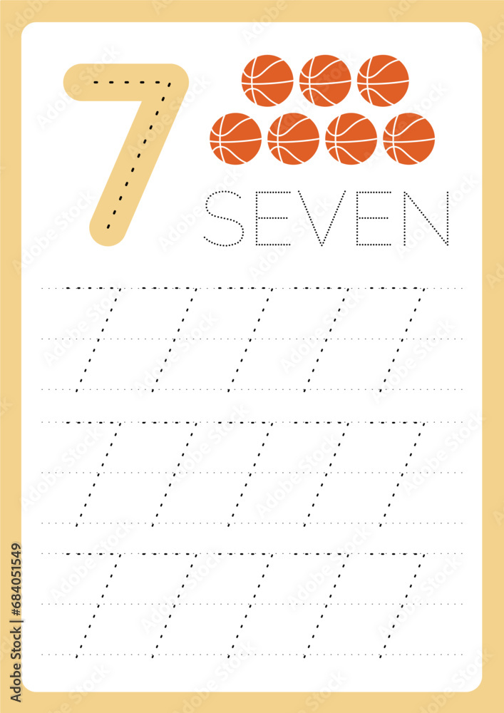 Flashcard number and text 7 seven with dots for children. For preschool ...