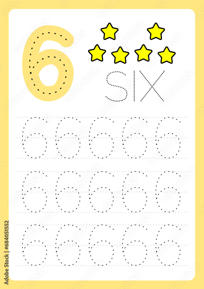 Flashcard number and text 6 six with dots for children. For preschool ...