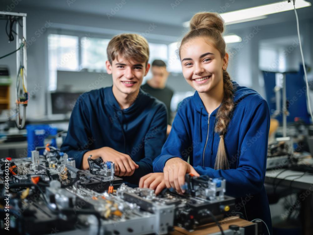 male and female robotic students, smile sweetly while assembling their ...