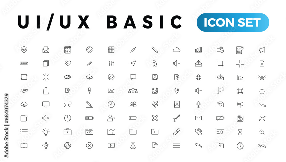 Basic User Interface Essential Set. ui/ux Line Outline Icons. For App, Web, Print. Editable ...