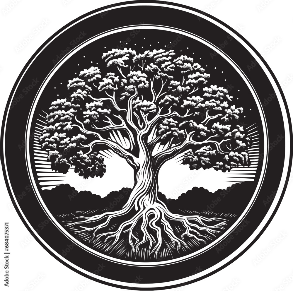 Black and white vector logo illustration of an oak tree, encapsulating ...