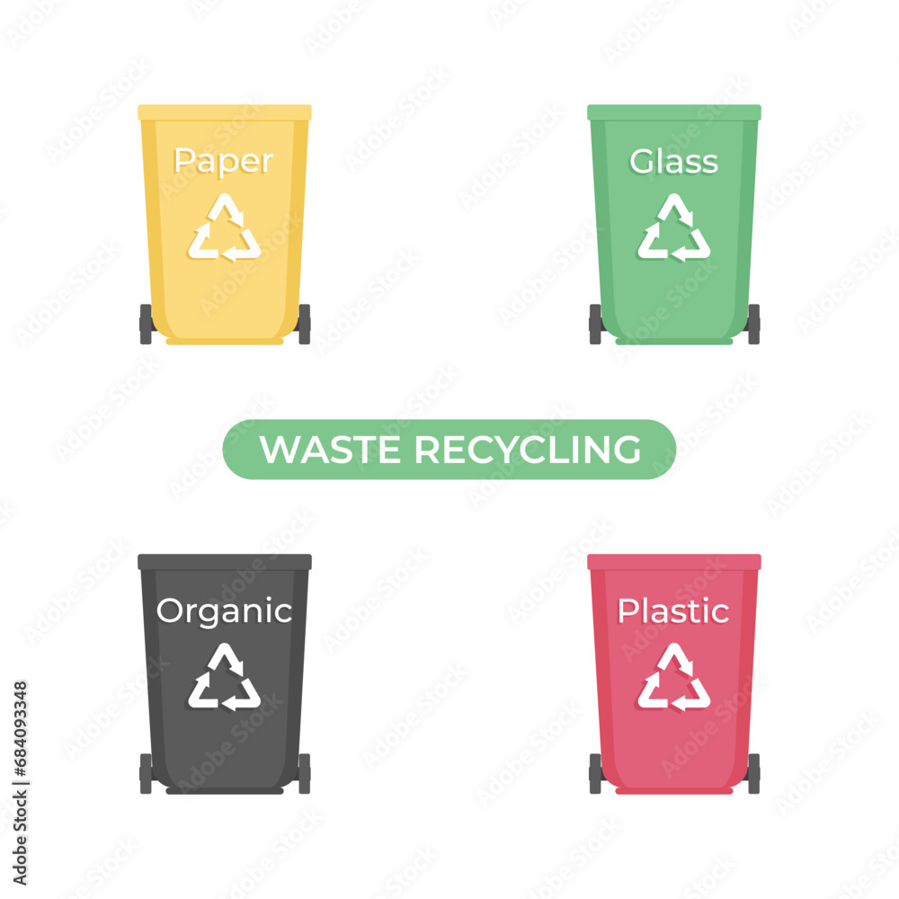 Recycle waste, trash baskets set. Banner, poster for waste recycling. Flat, vector illustration ...