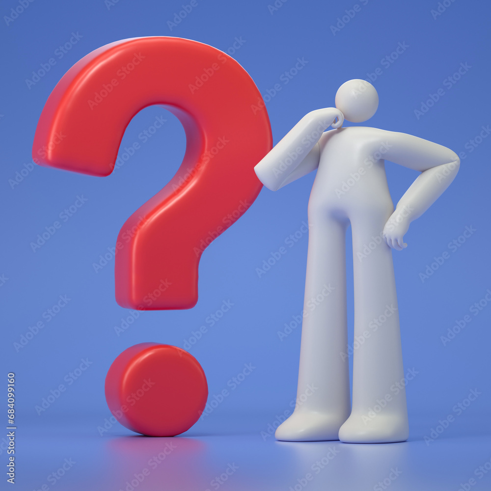 A 3D cartoon character with a red question mark.Confused man thinking ...