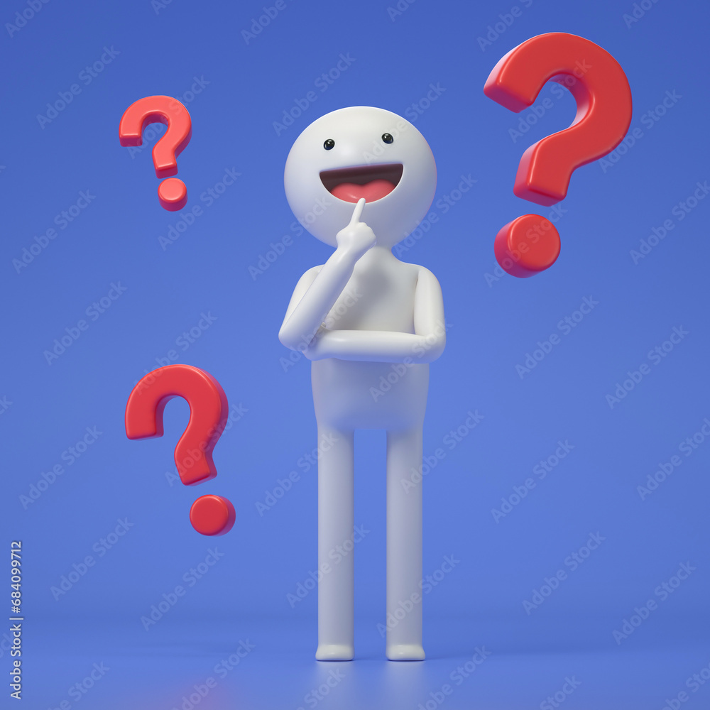 A 3D cartoon character with a red question mark.Confused man thinking ...