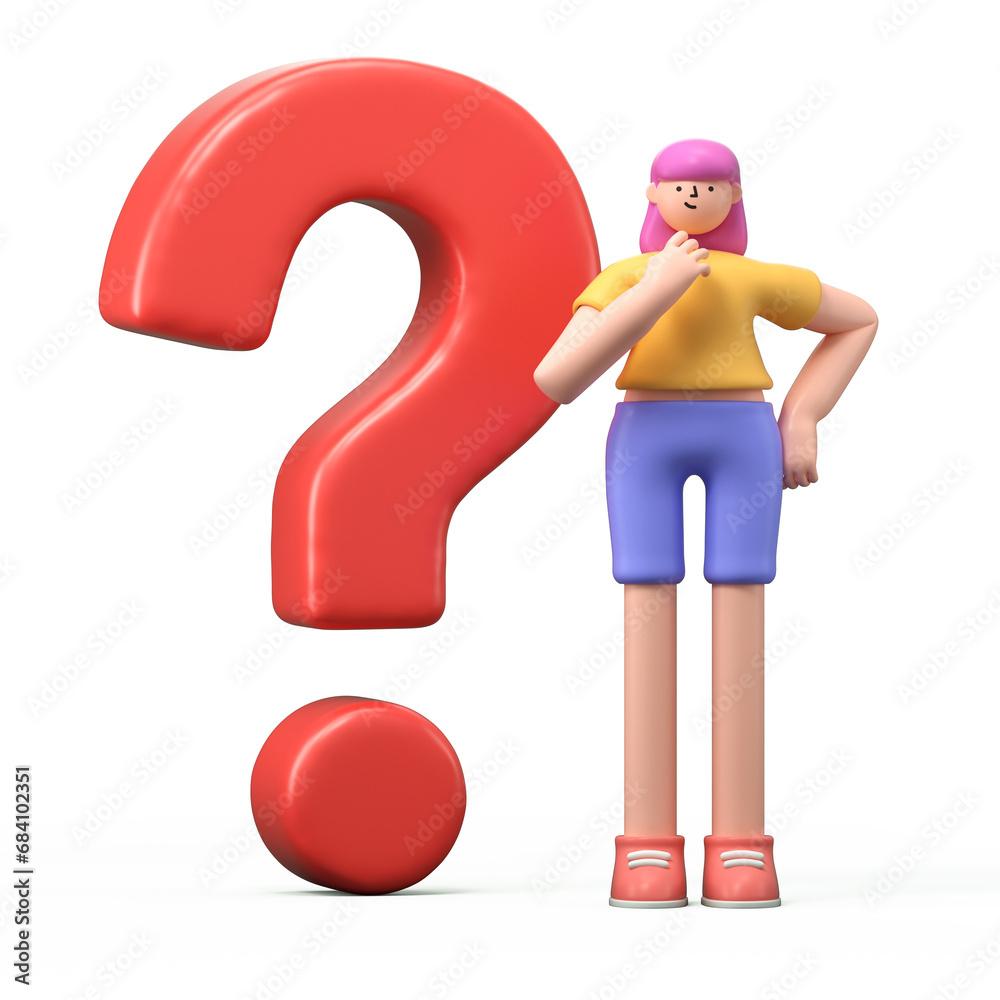 A 3D cartoon character with a red question mark.Confused man thinking ...