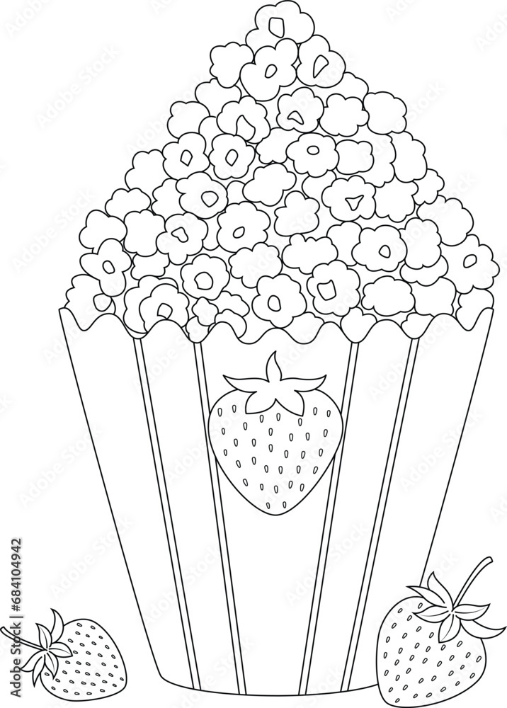 Hand drawn illustration of strawberry popcorn coloring page for kids ...