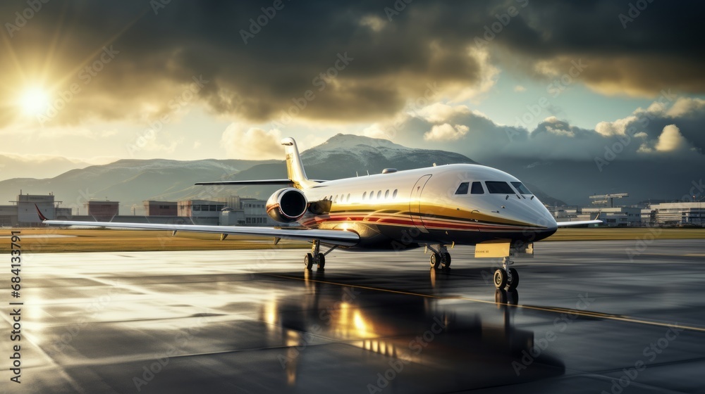 Private jet standing on a wet runway with a cloudy sunset sky. Modern ...