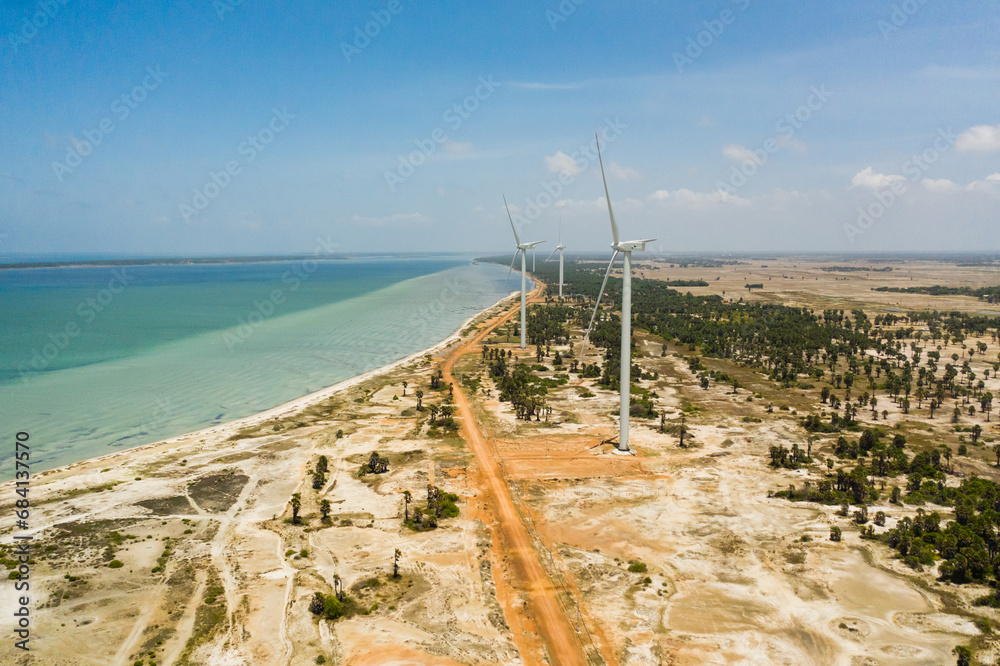 Wind turbines producing clean sustainable energy, clean energy future. Wind power plant. Jaffna ...